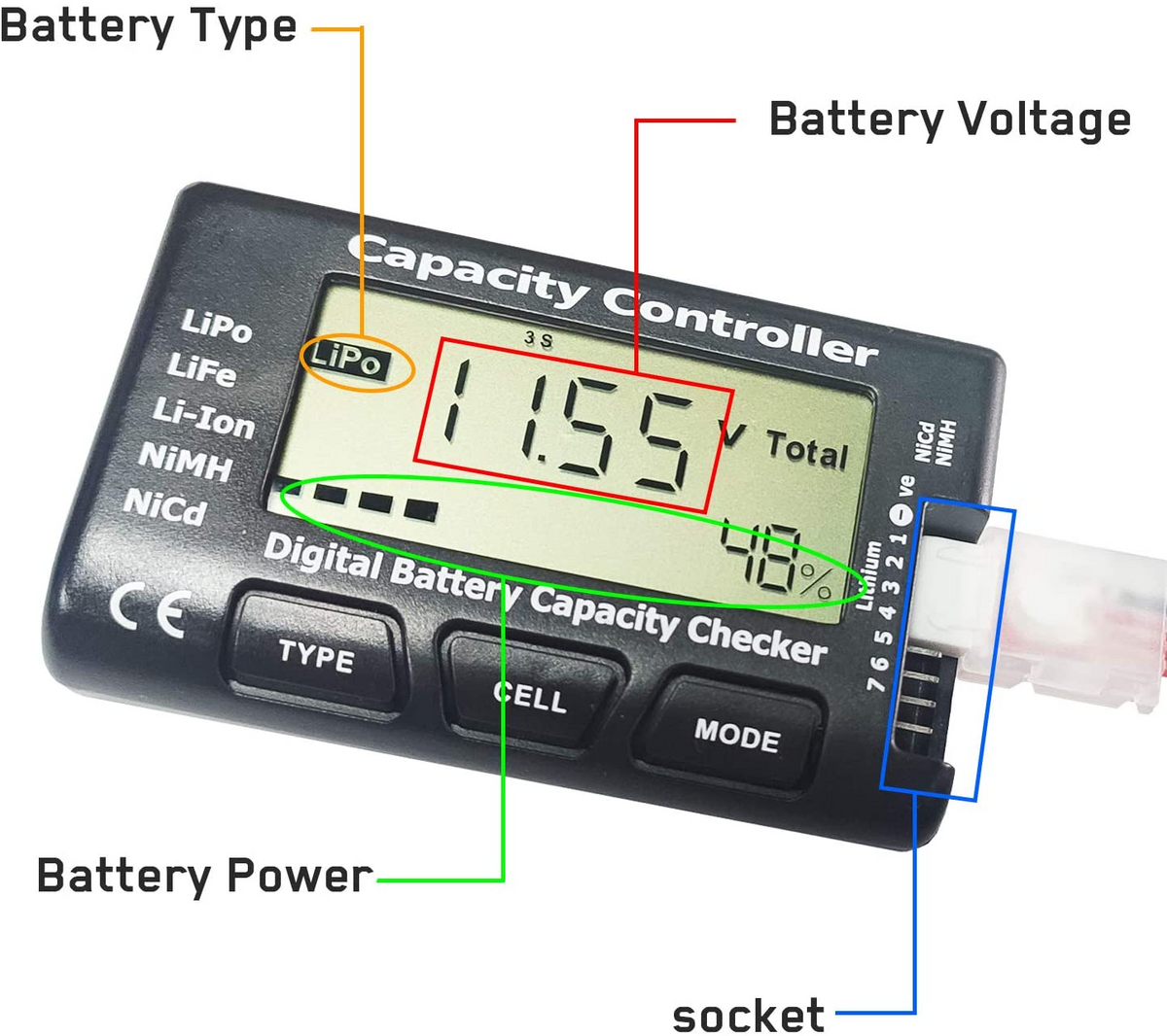Digital Battery Capacity Checker Capacity Controller CELLMeter-7 Batte ...